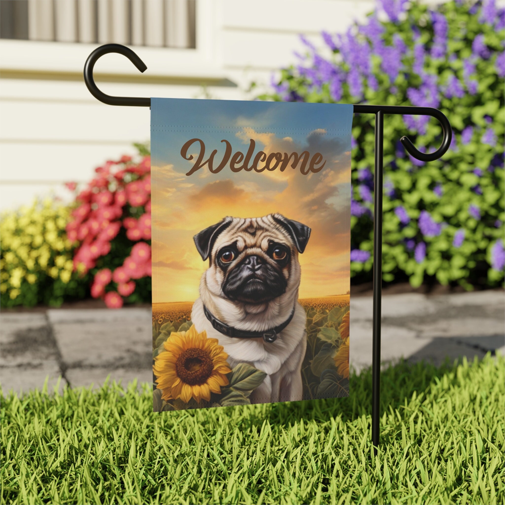 Welcome Pug Flag, Sunflower Flag, Pug Garden Flag, Pug Lover Gift, Fall ...