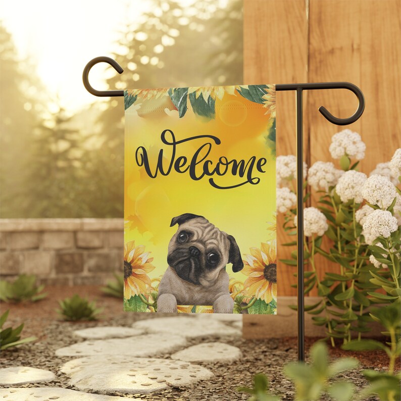 Welcome Pug Flag, Sunflower Flag, Pug Garden Flag, Pug Lover Gift, Fall ...