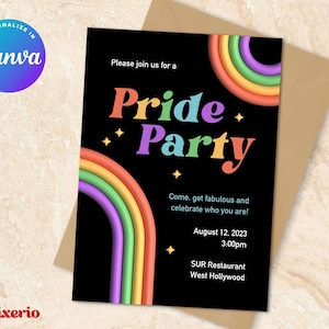 Editable Pride Party Invite LGBTQ Party Rainbow Black Invitation Canva ...