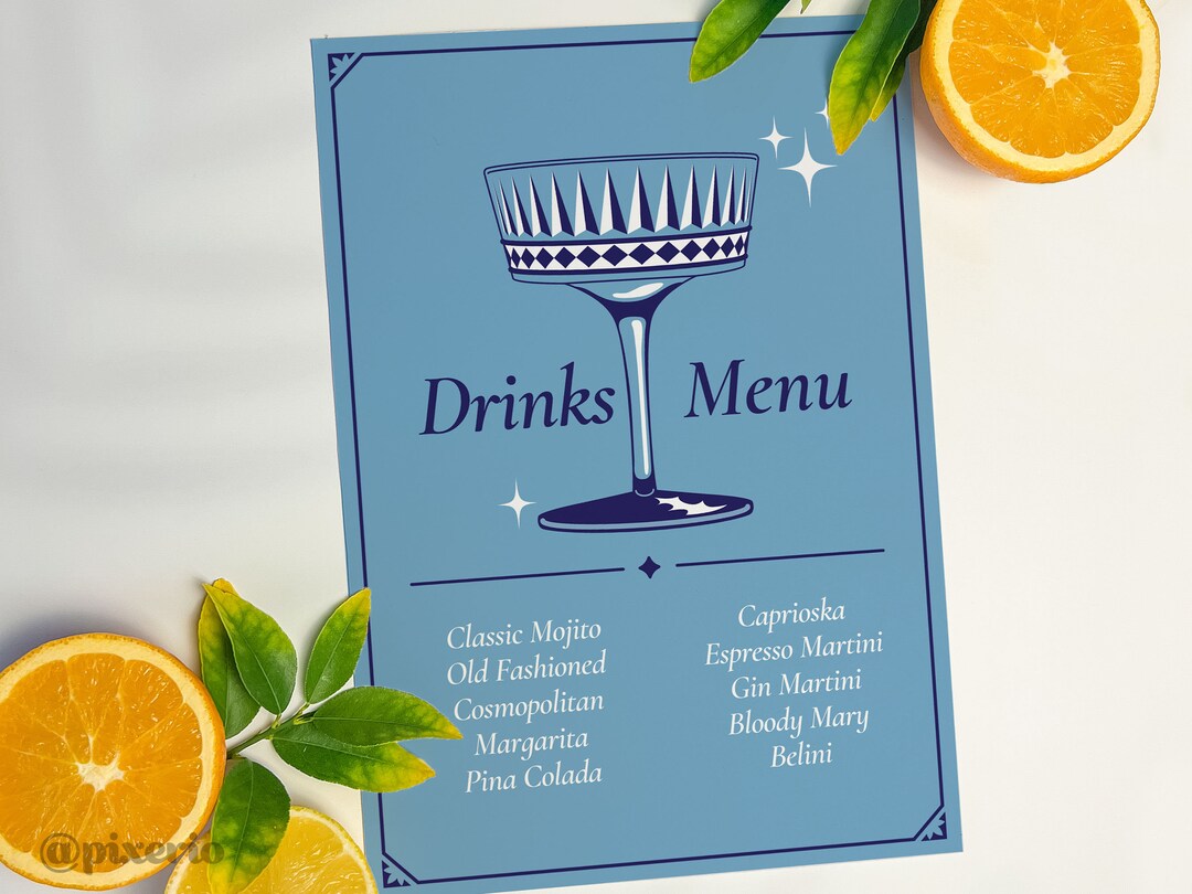 Editable Blue Drinks Menu Adult Birthday Coupe Cocktail Wedding A4 ...