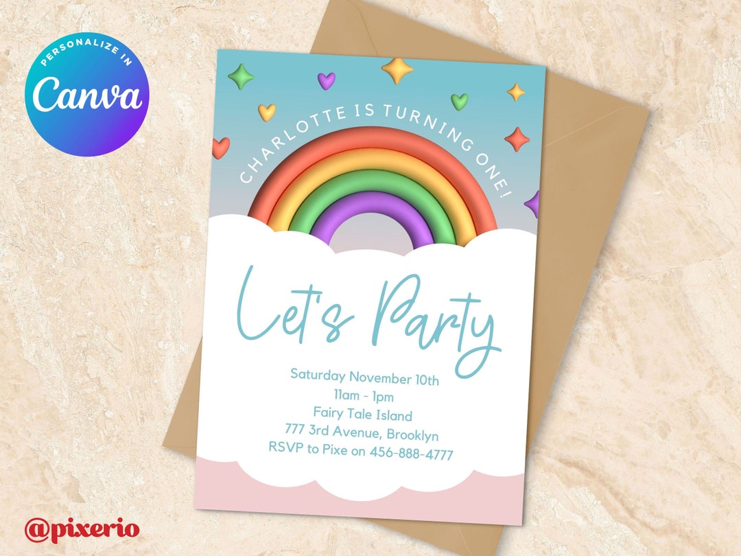 Editable Rainbow Pastel Invitation Lets Party Kids Birthday Party ...