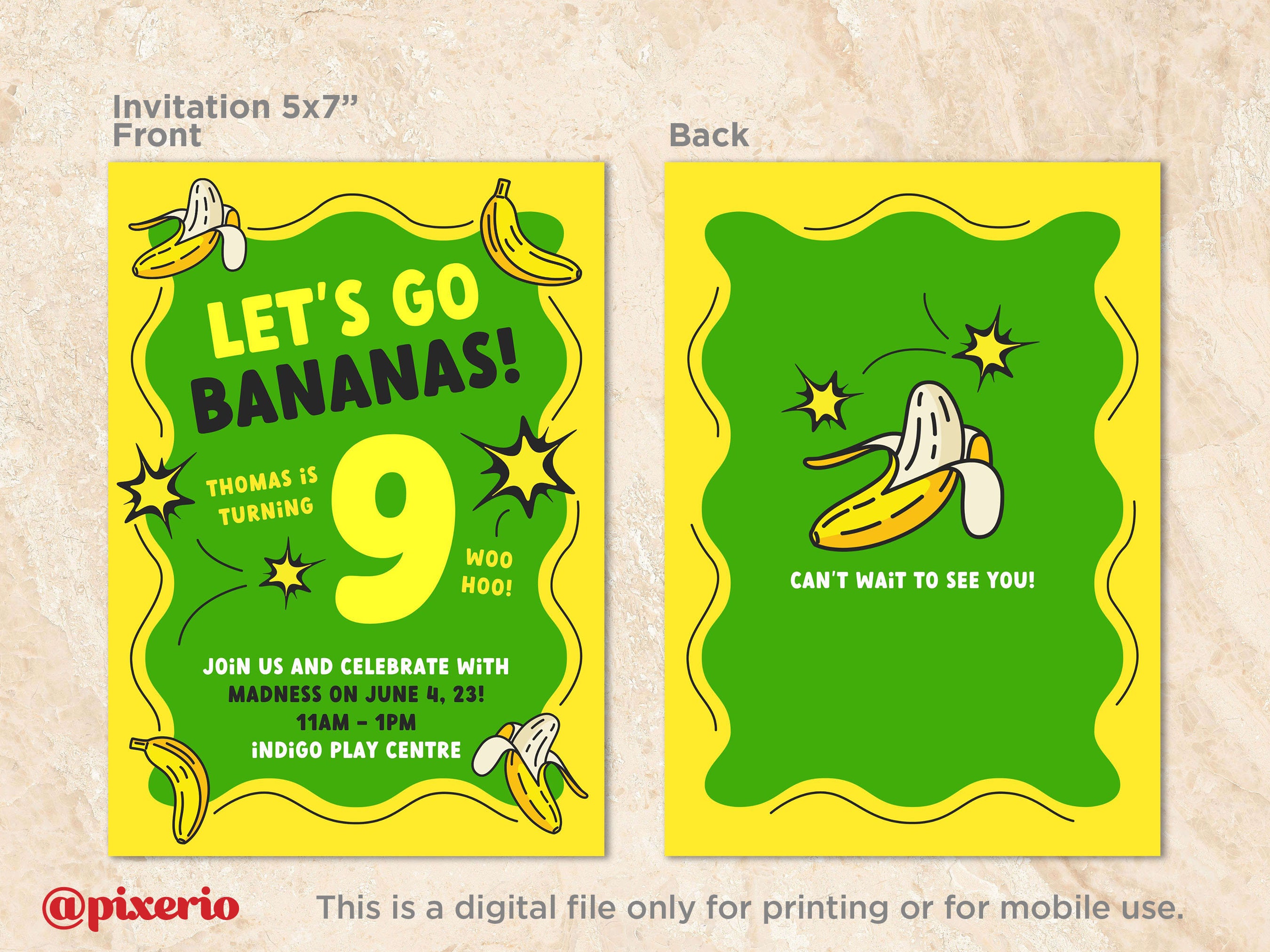Editable Banana Birthday Invitation Green Yellow Let’s Go Bananas ...
