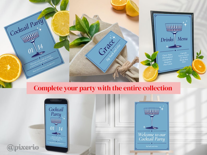 Editable Cocktail Party Invitation Blue Coupe Glass Adult - Etsy
