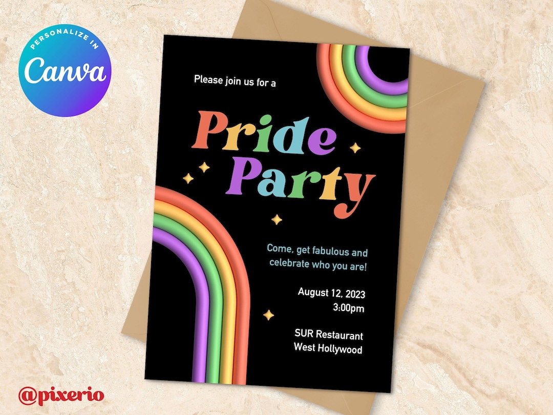 Editable Pride Party Invite LGBTQ Party Rainbow Black Invitation Canva ...