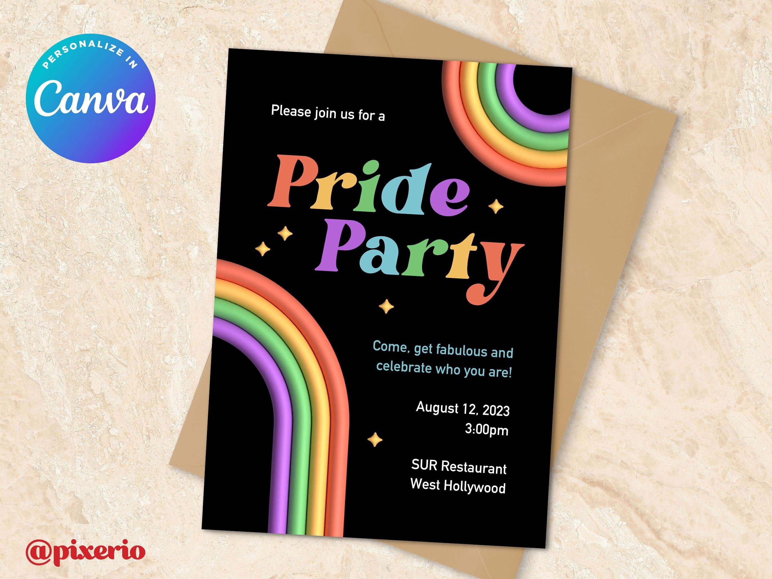 Editable Pride Party Invite LGBTQ Party Rainbow Black Invitation Canva ...