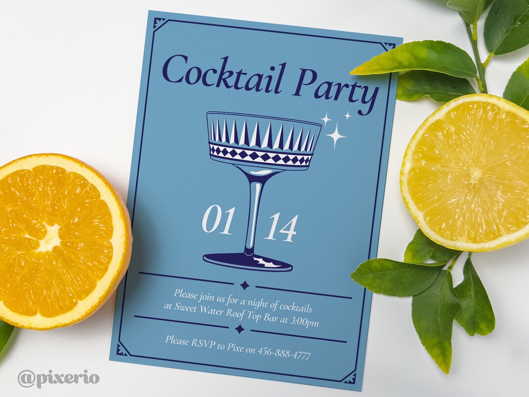 Editable Cocktail Party Invitation Blue Coupe Glass Adult Birthday ...