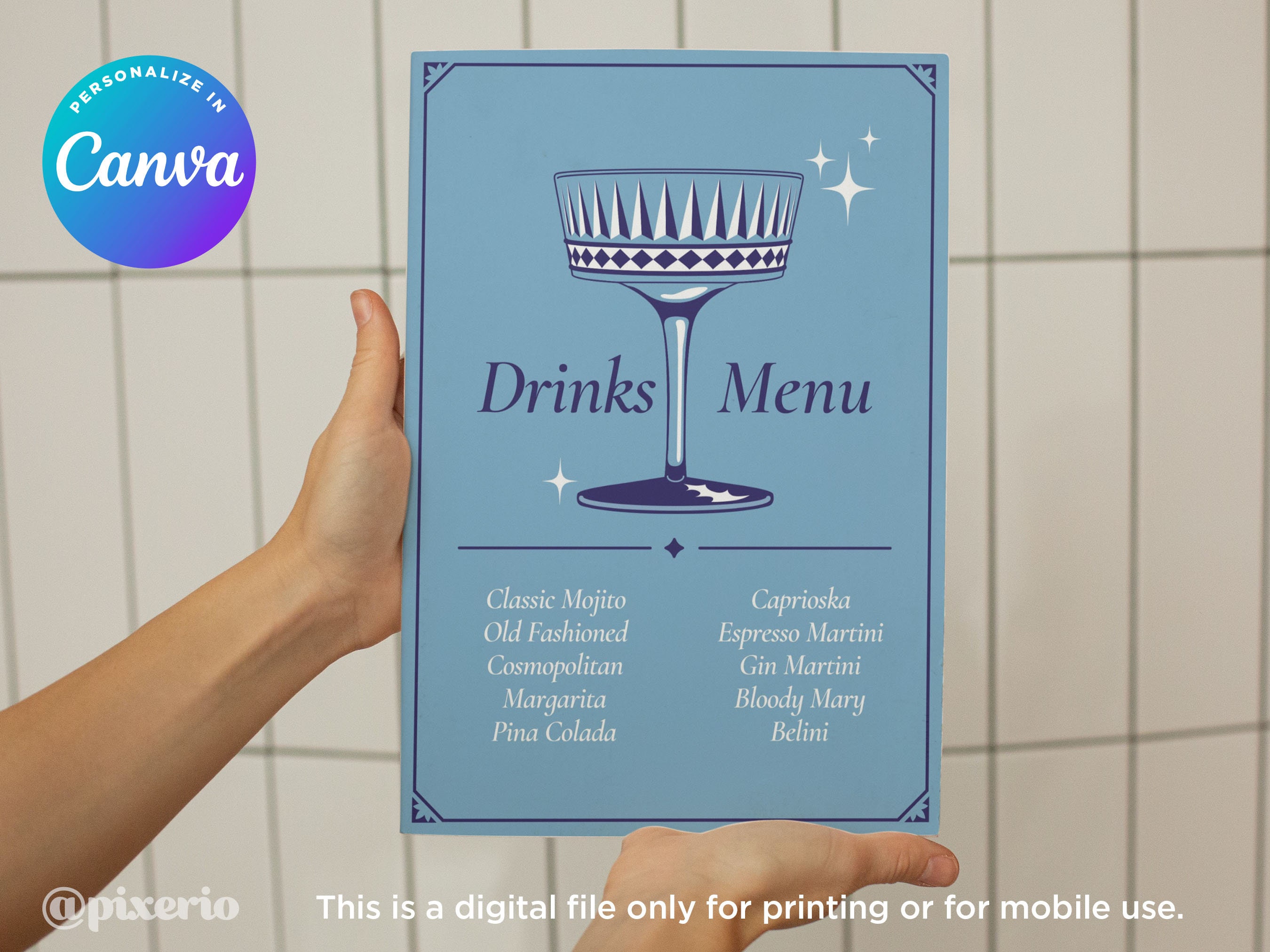 Editable Blue Drinks Menu Adult Birthday Coupe Cocktail Wedding A4 ...