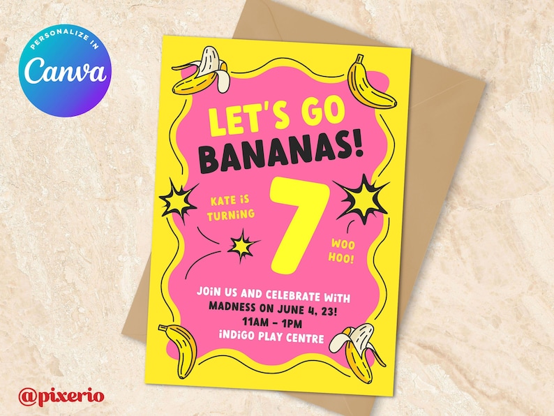 Editable Banana Birthday Invitation Pink Yellow Let’s Go Bananas Invite ...