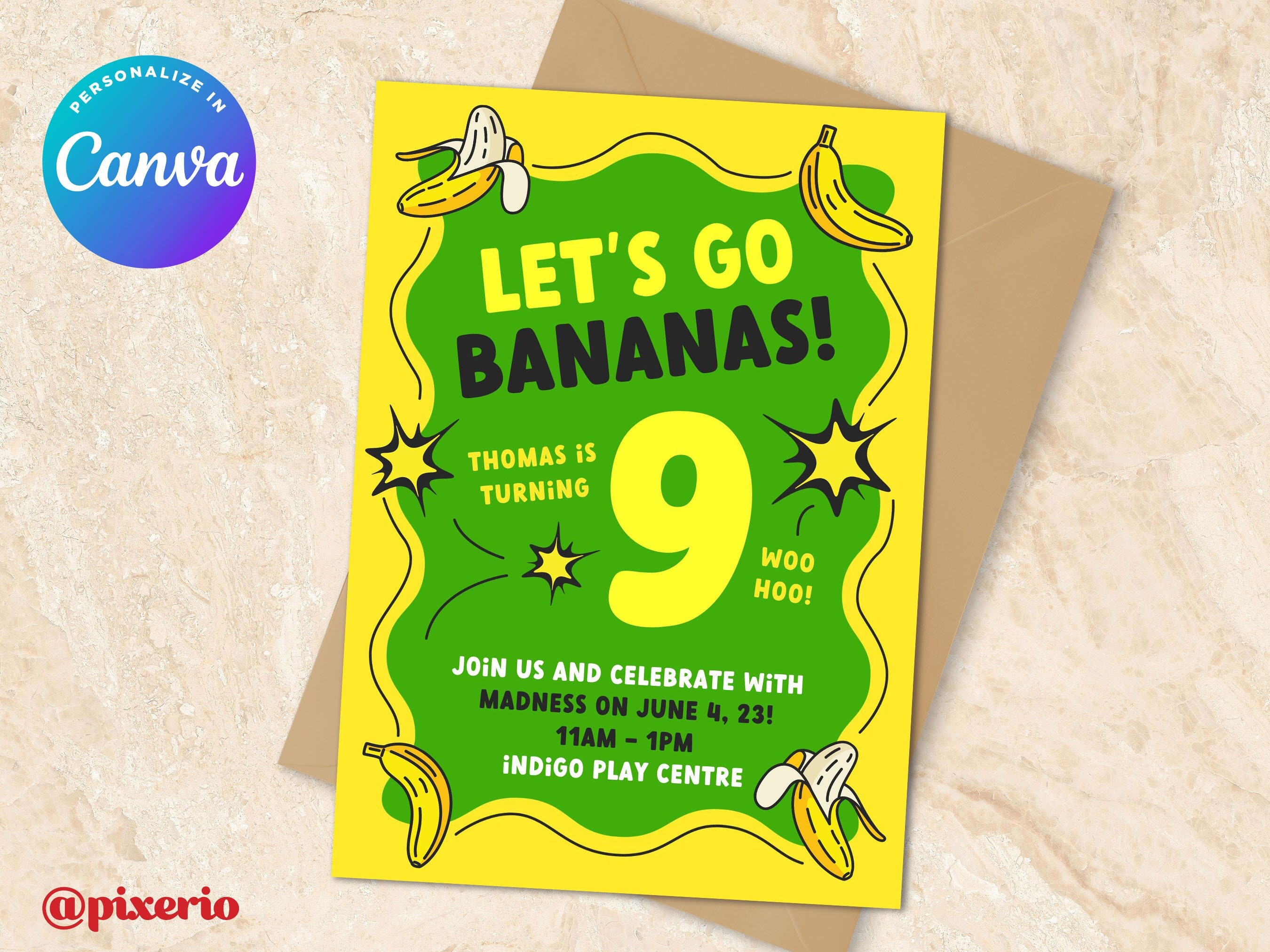 Editable Banana Birthday Invitation Green Yellow Let’s Go Bananas ...