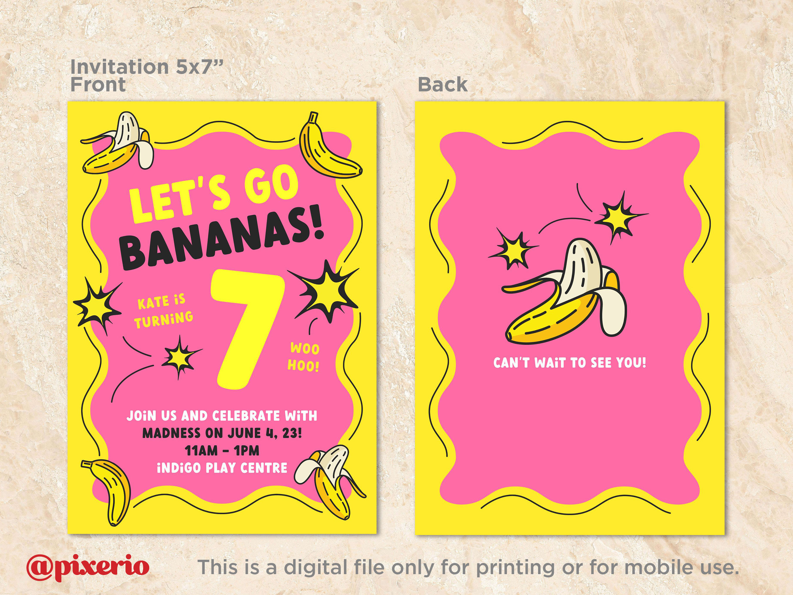 Editable Banana Birthday Invitation Pink Yellow Let’s Go Bananas Invite ...