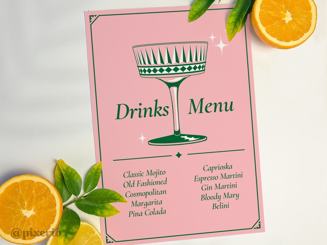 Editable Pink Drinks Menu Bridal Shower Coupe Cocktail Wedding A4 ...