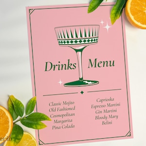Editable Pink Drinks Menu Bridal Shower Coupe Cocktail Wedding A4 ...