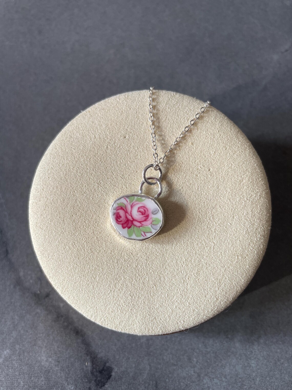 Handmade Sterling Silver Pink Rose China Necklace, Upcycled Vintage ...