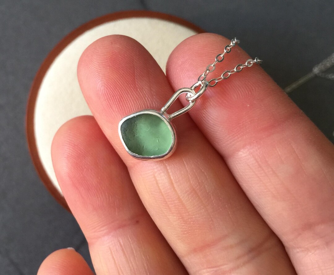 Green Colour Sea Glass Sterling Silver Pendant Necklace. Ocean Necklace ...