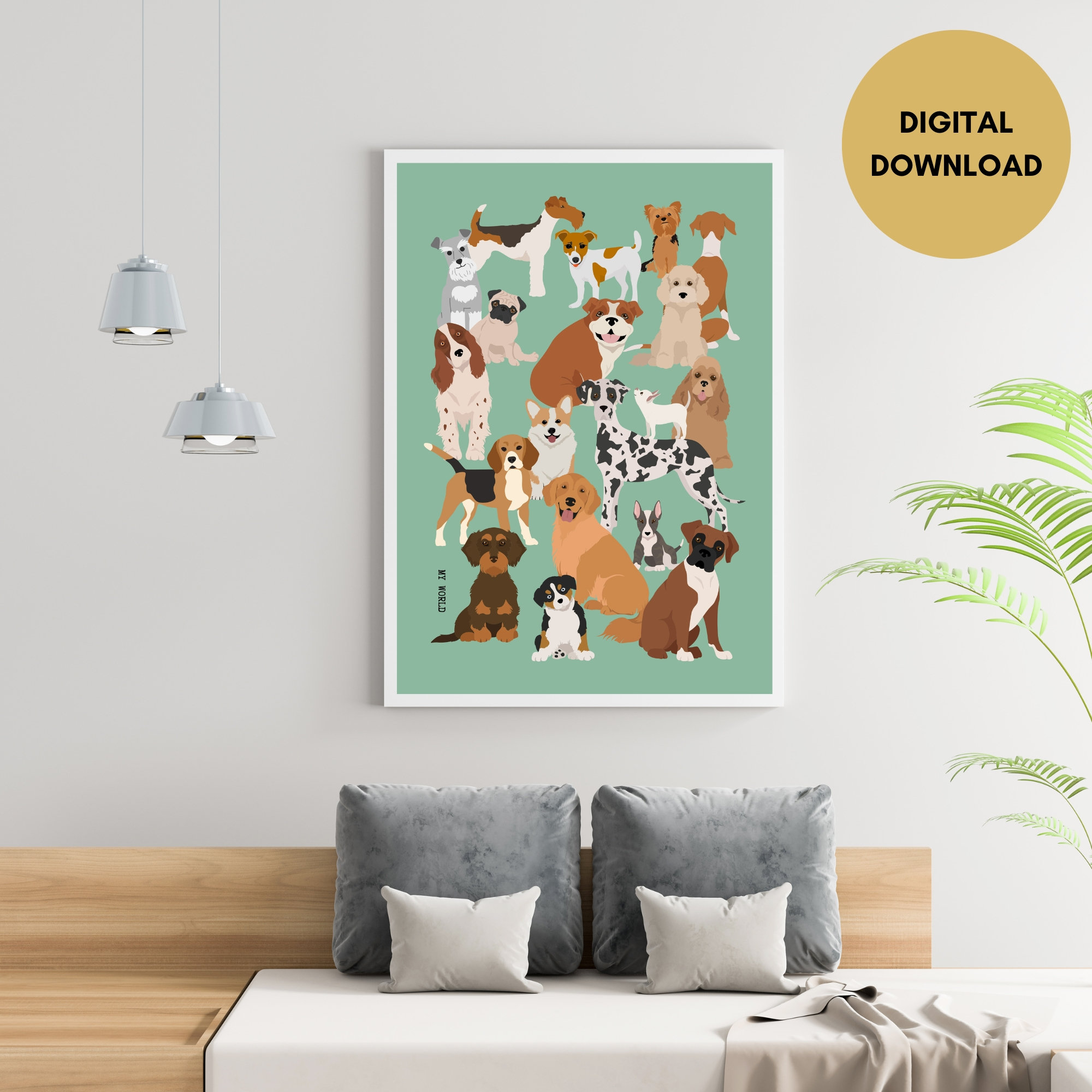 Dog Breeds Print, Digital Download, Green Dog Wall Art Print, Dogs ...