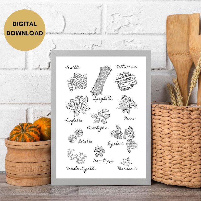 Pasta Print, Digital Download, Pasta Chart, Italian Food Art, Italian ...