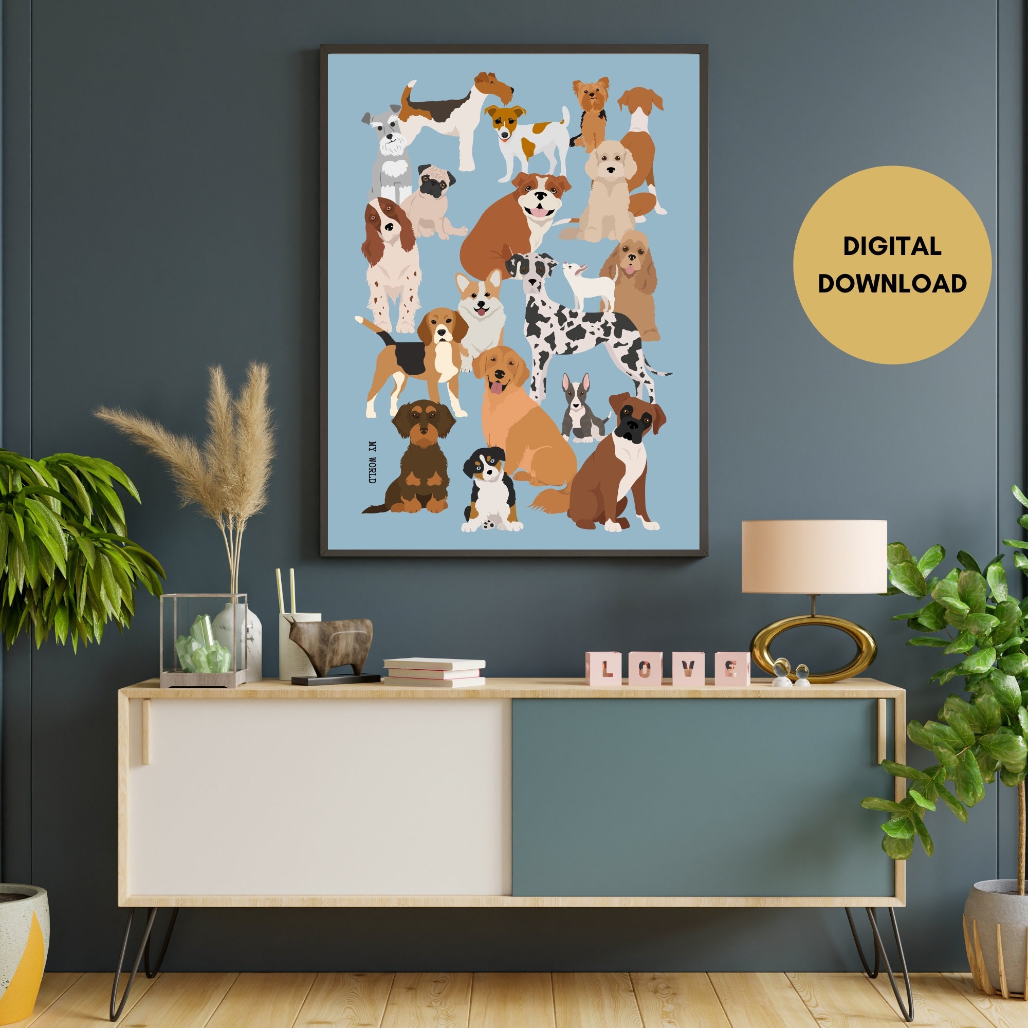 Dog Breeds Print, Digital Download, Blue Dog Wall Art Print, Dogs ...
