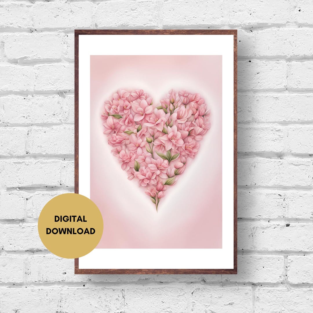 Pink Flower Heart Print, Digital Print, Pink Flower Wall Art, Flower ...