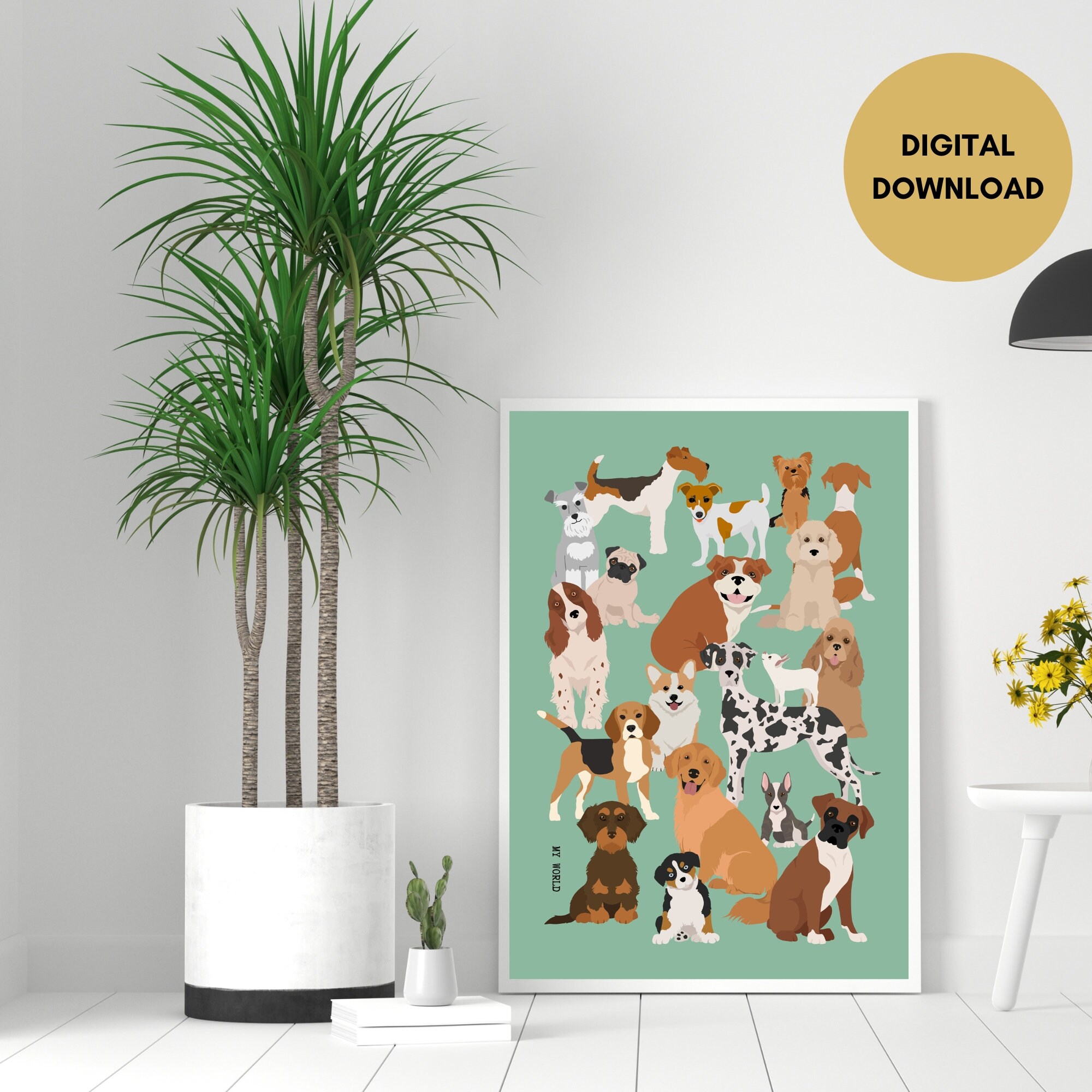 Dog Breeds Print, Digital Download, Green Dog Wall Art Print, Dogs ...