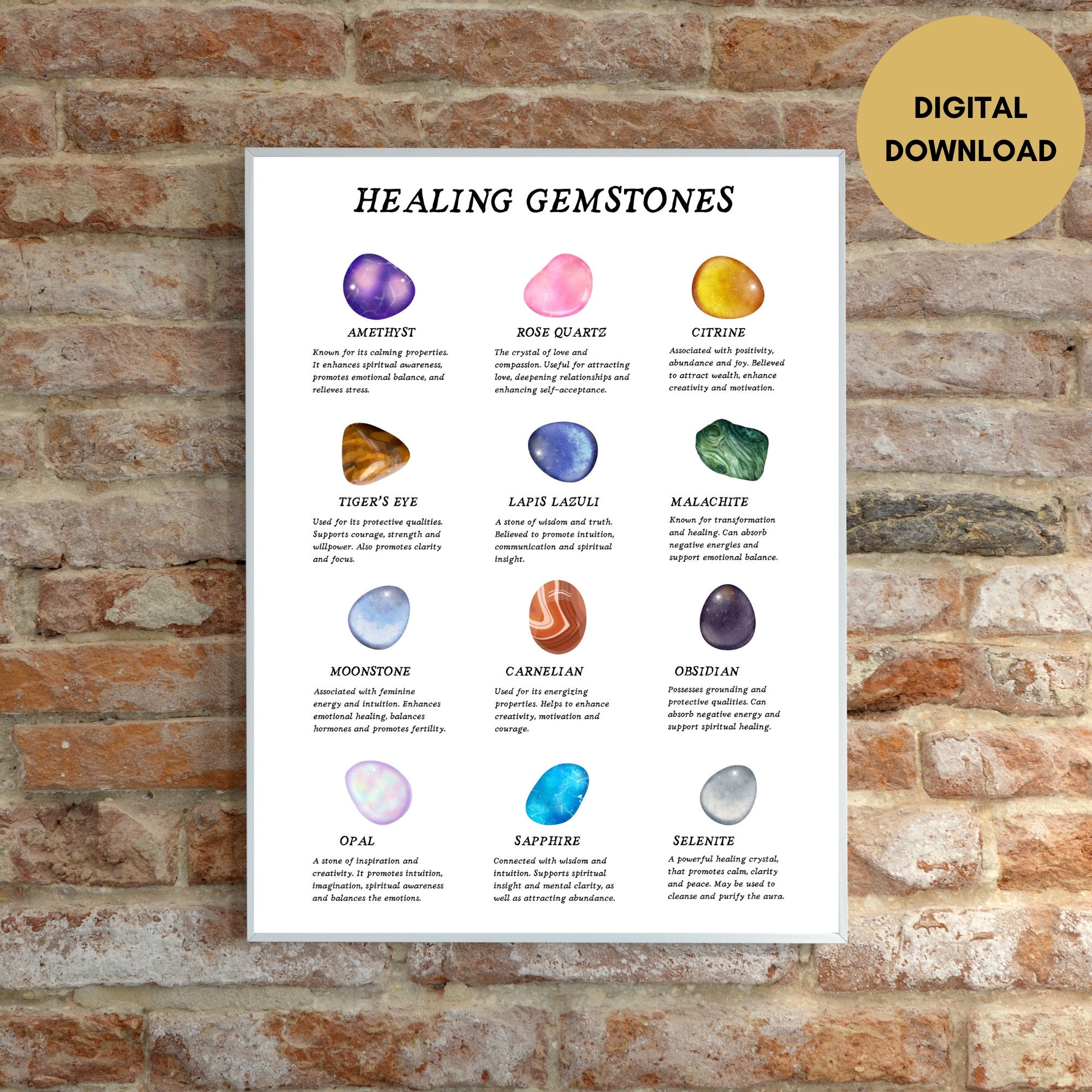 Healing Gemstones Print, Healing Crystals Poster, Digital Download ...