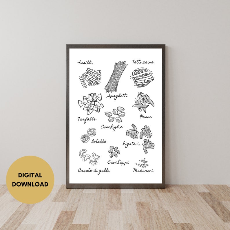 Pasta Print, Digital Download, Pasta Chart, Italian Food Art, Italian ...