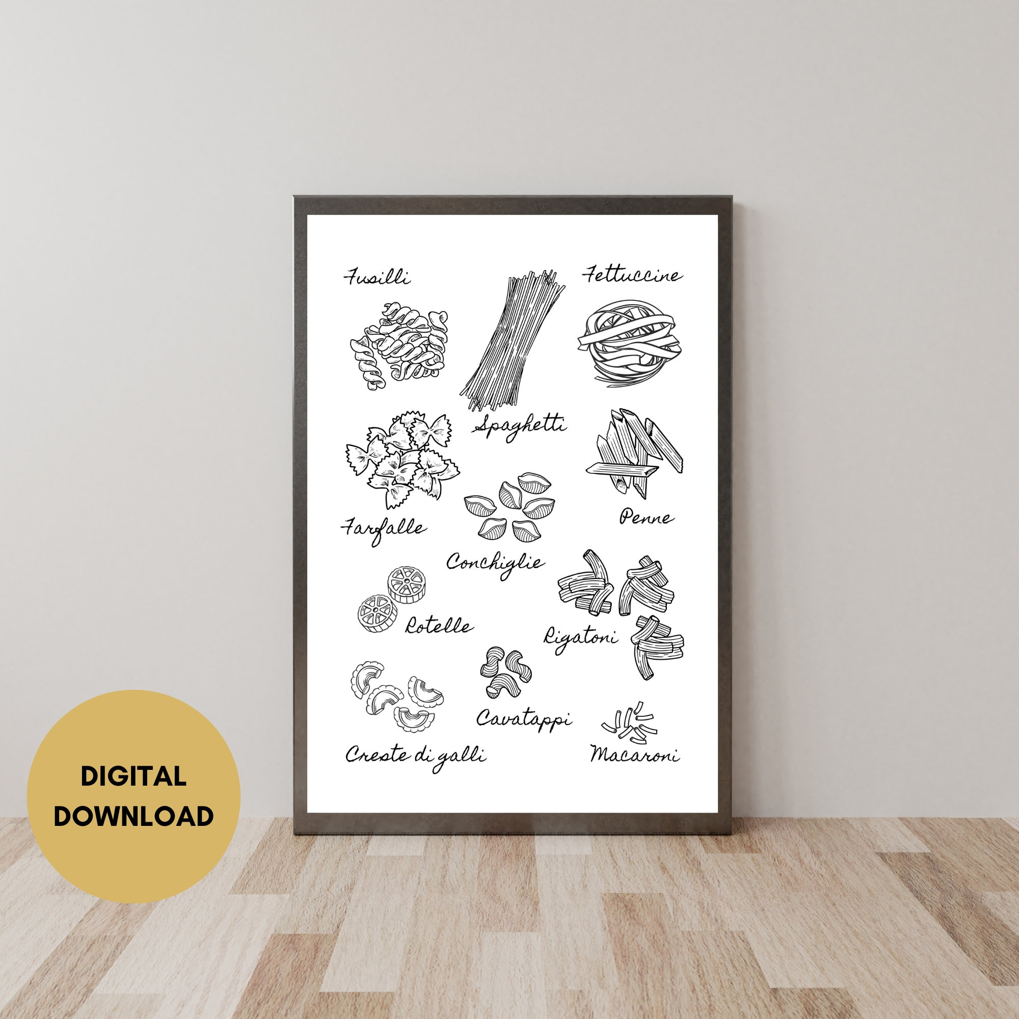 Pasta Print, Digital Download, Pasta Chart, Italian Food Art, Italian ...