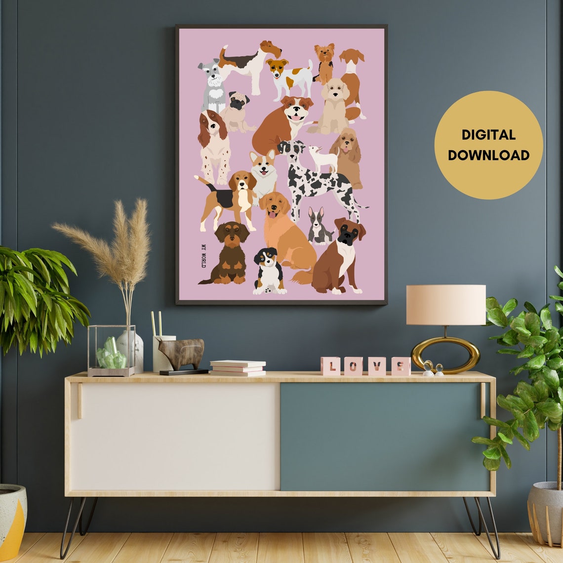 Dog Breeds Print, Digital Download, Pink Dog Wall Art Print, Dogs ...