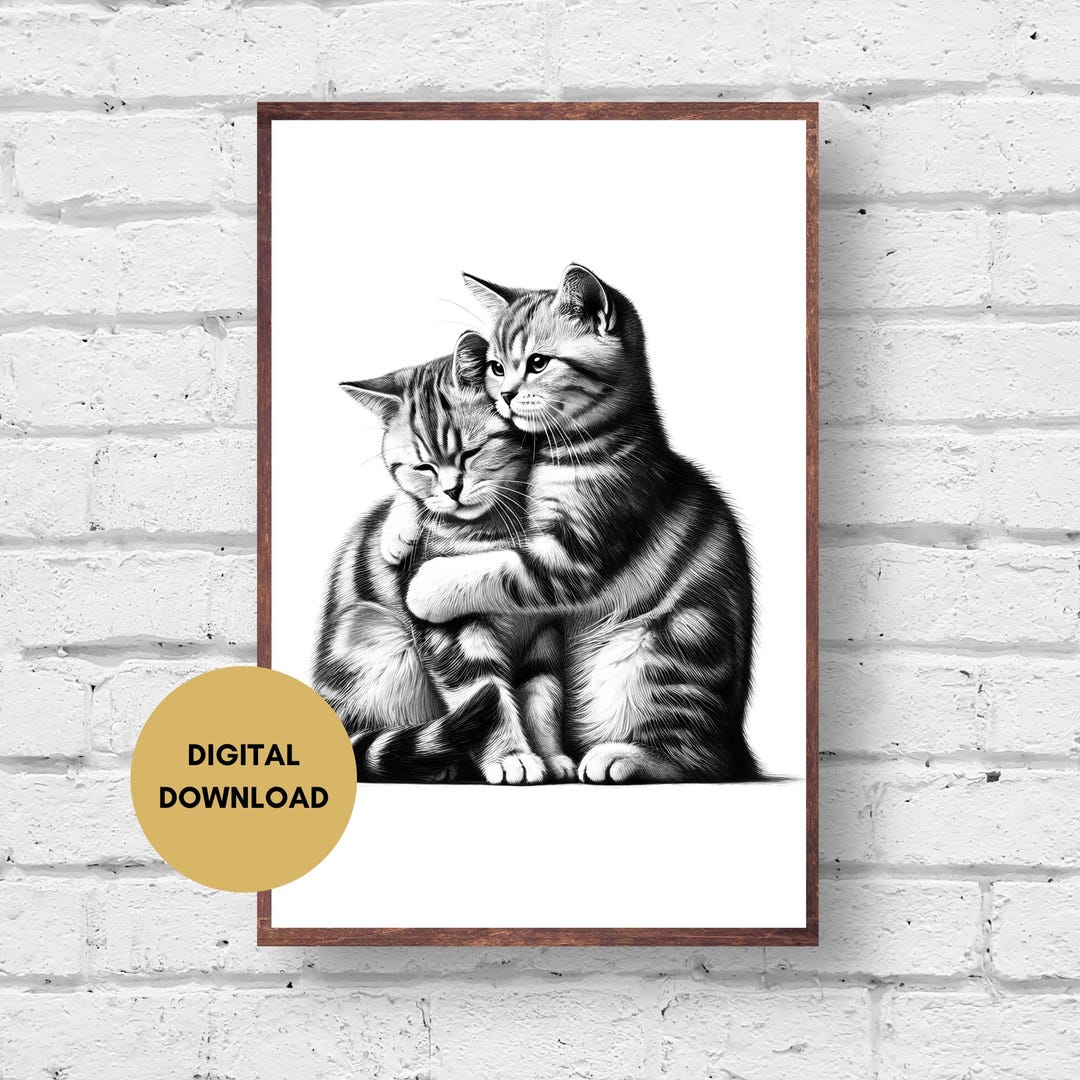 Cat Hugs Print, Digital Print, Cat Wall Art, Cats Hugging, Cat Poster ...