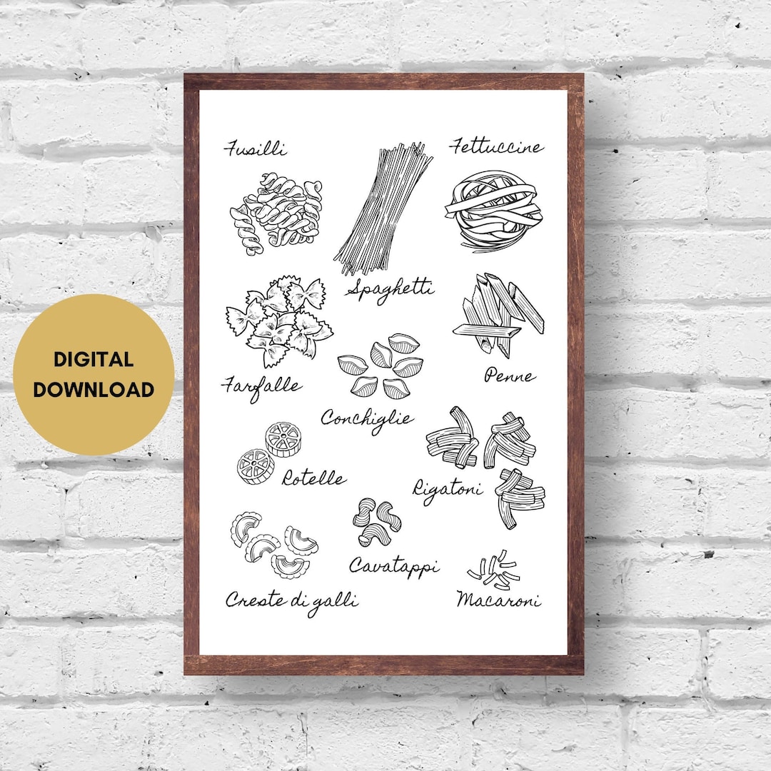 Pasta Print, Digital Download, Pasta Chart, Italian Food Art, Italian ...