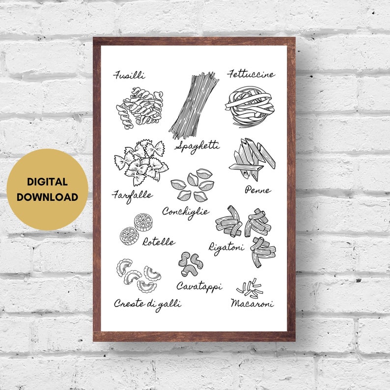 Pasta Print, Digital Download, Pasta Chart, Italian Food Art, Italian ...