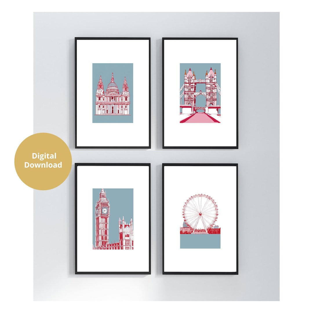 London Wall Art Set of 4, Digital Prints, London Poster, Blue and Red ...