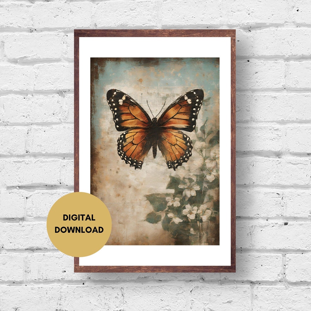 Vintage Style Orange Butterfly Print, Digital Download, Butterfly Print ...