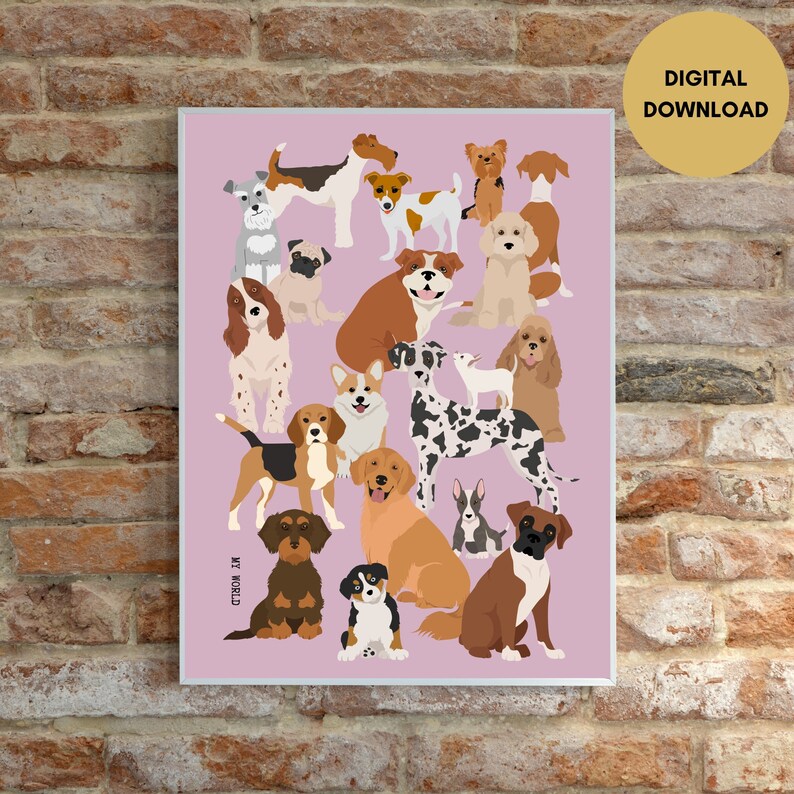 Dog Breeds Print, Digital Download, Pink Dog Wall Art Print, Dogs ...