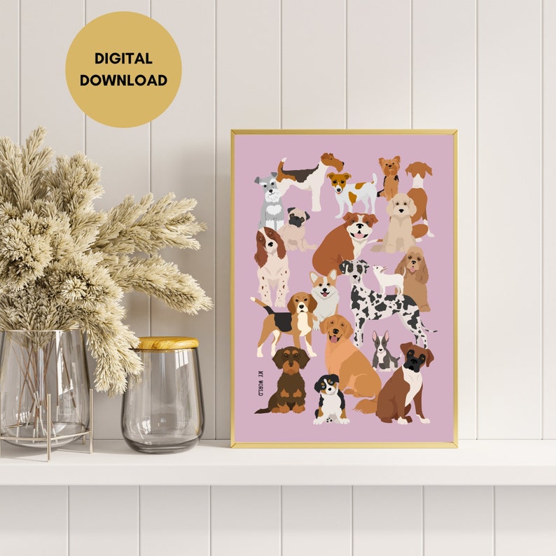 Dog Breeds Print, Digital Download, Pink Dog Wall Art Print, Dogs ...