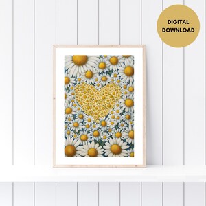 Daisy Flower Heart Print, Digital Print, White and Yellow Flower Wall ...
