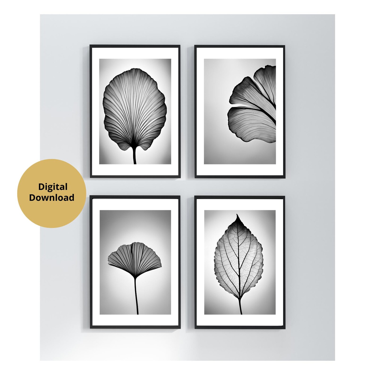 Leaf Photos, Set of 4, Black and White, Digital, Leaf Wall Art, Plant ...