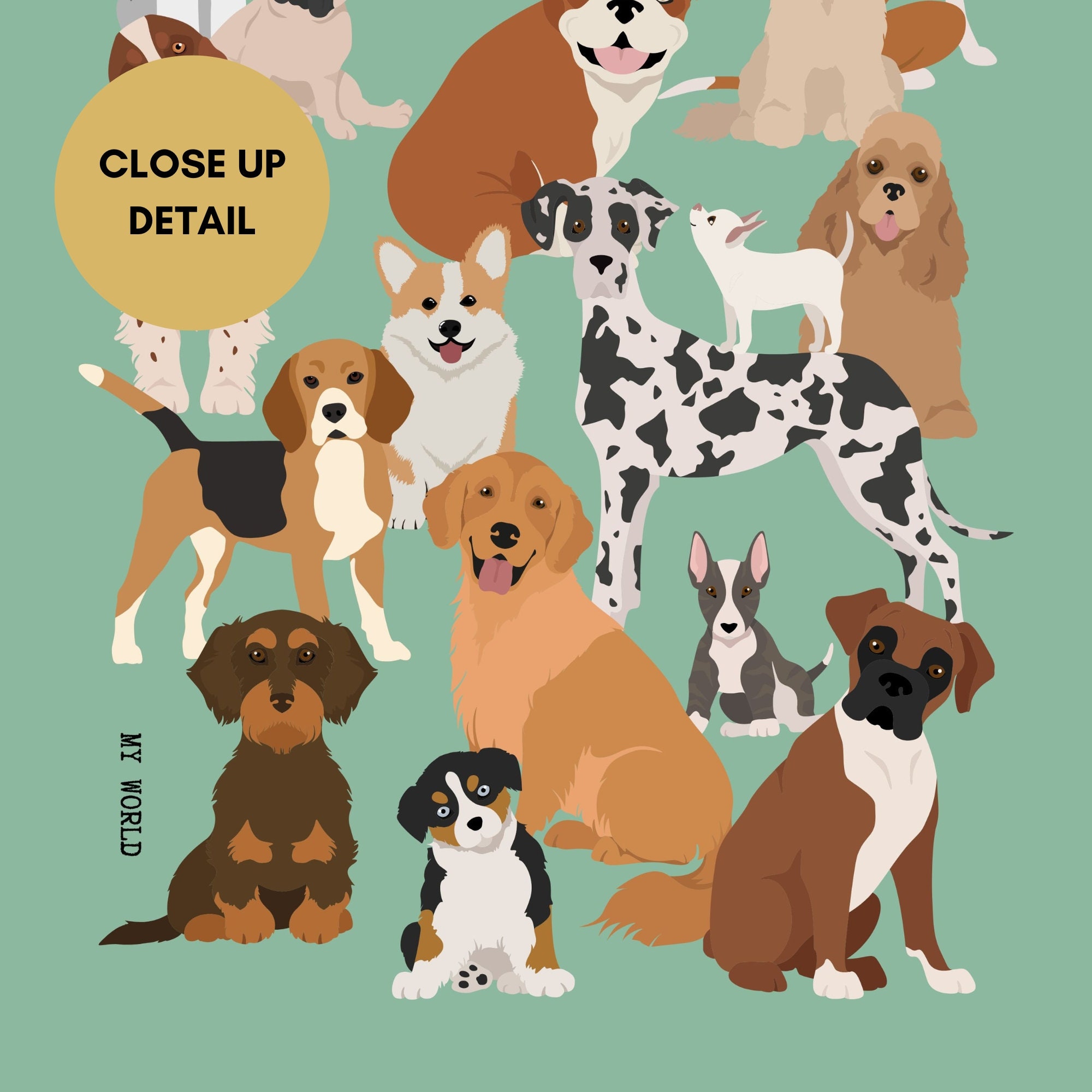 Dog Breeds Print, Digital Download, Green Dog Wall Art Print, Dogs ...