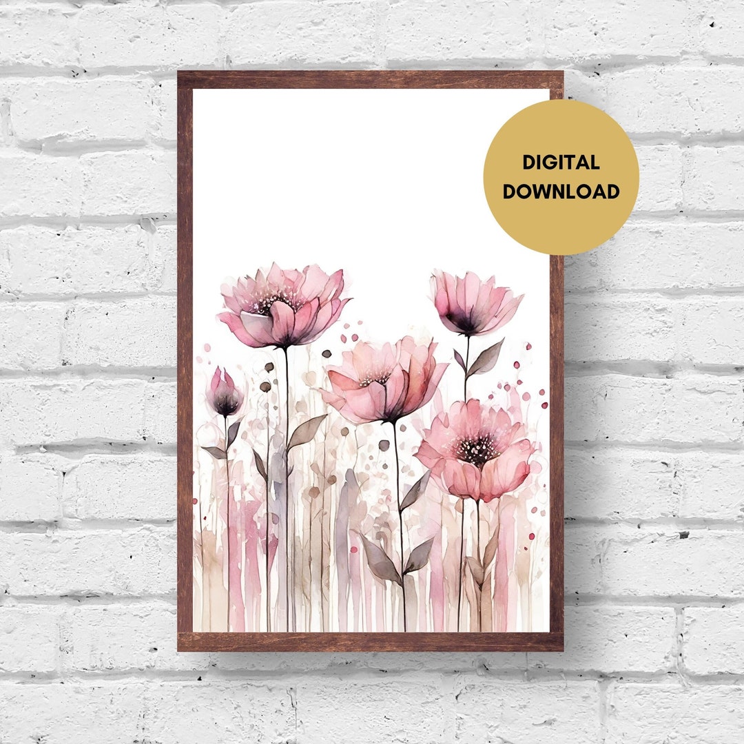 Pink Flowers Watercolor Print, Digital Download, Wildflower Painting ...