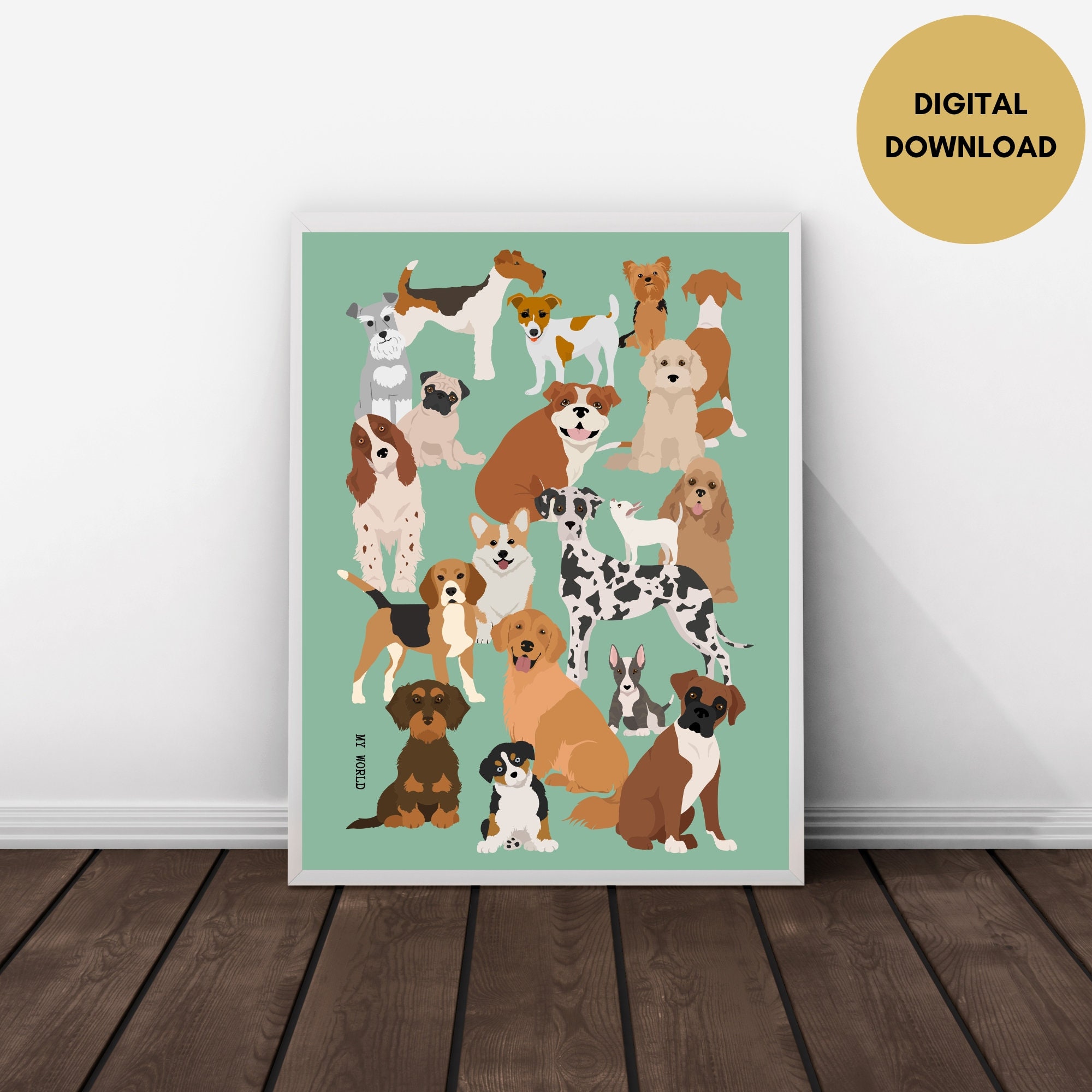Dog Breeds Print, Digital Download, Green Dog Wall Art Print, Dogs ...