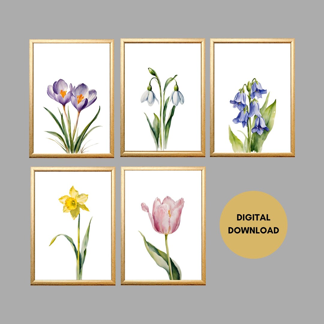 Spring Flowers Wall Art, Set of 5, Digital Prints, Flower Wall Art ...