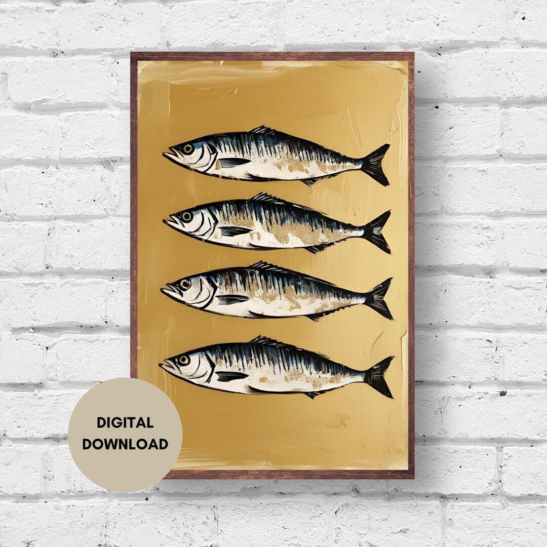 Sardines Print, White and Yellow Gold Oil Painting Digital Download ...