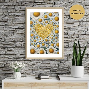 Daisy Flower Heart Print, Digital Print, White and Yellow Flower Wall ...