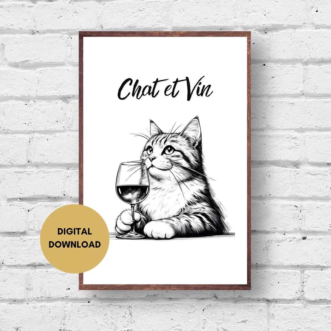 French Cat Wine Print, Cat Wall Art, Digital Print, Quirky Cat Art, Cat ...