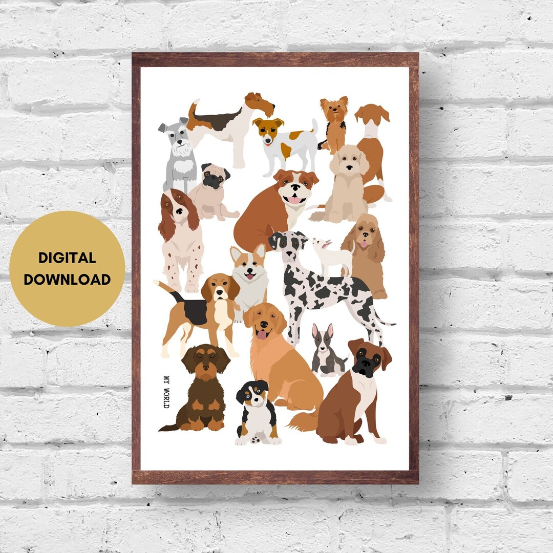 Dog Breeds Print, Digital Download, Dog Wall Art Print, Dogs ...