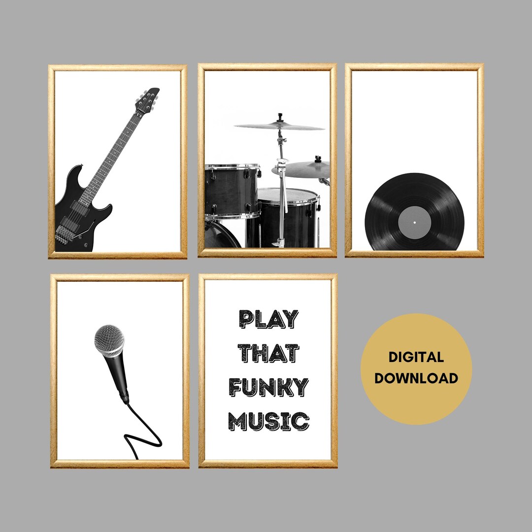 Music Prints Set of 5, Digital Download, Black and White Photos, Guitar ...