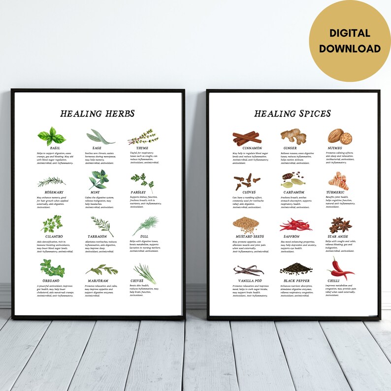 Herb and Spice Print Set, Digital Download, Healing Herbs and Spice ...