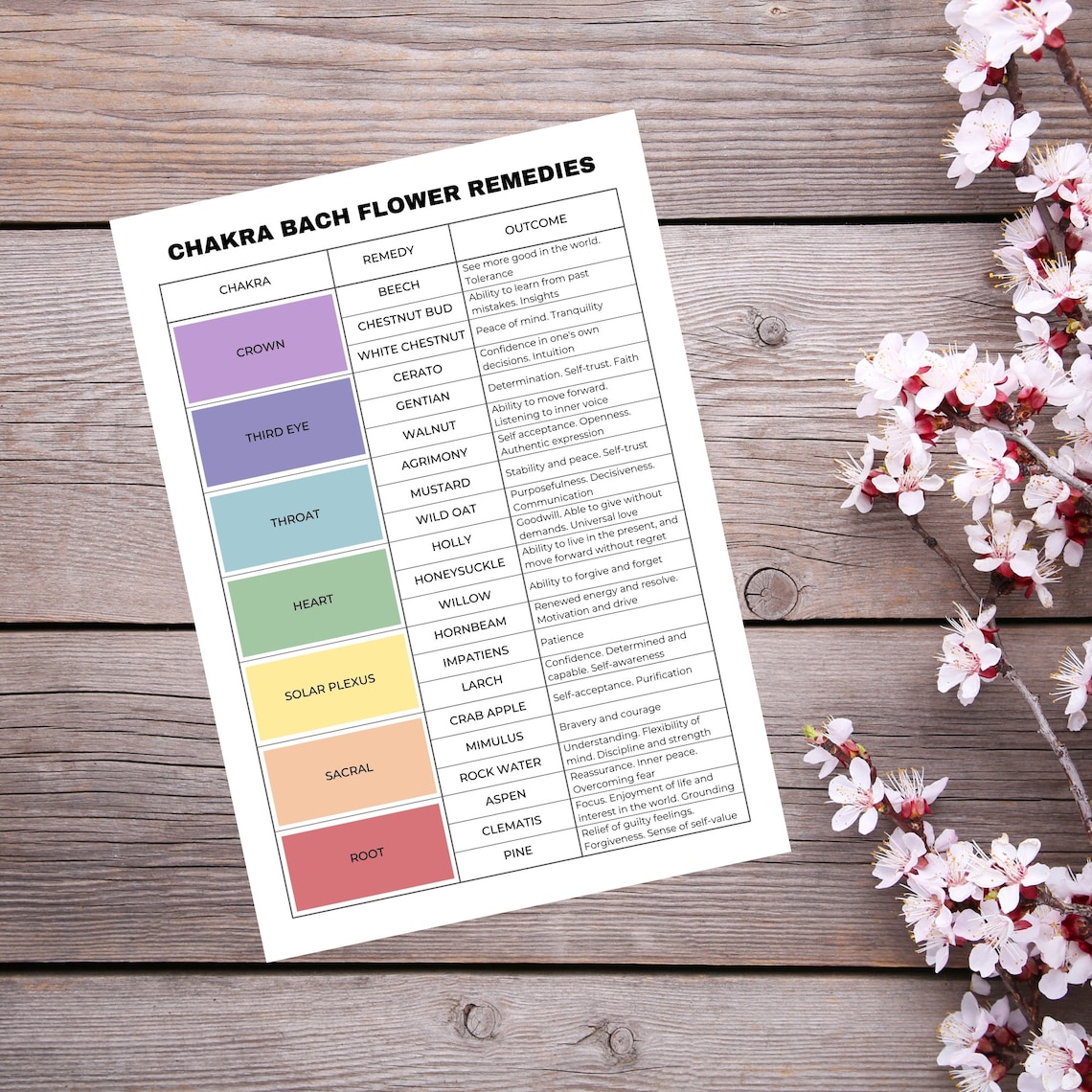 Chakra Bach Flower Remedies Chart, Digital Download, Chakra Flower ...
