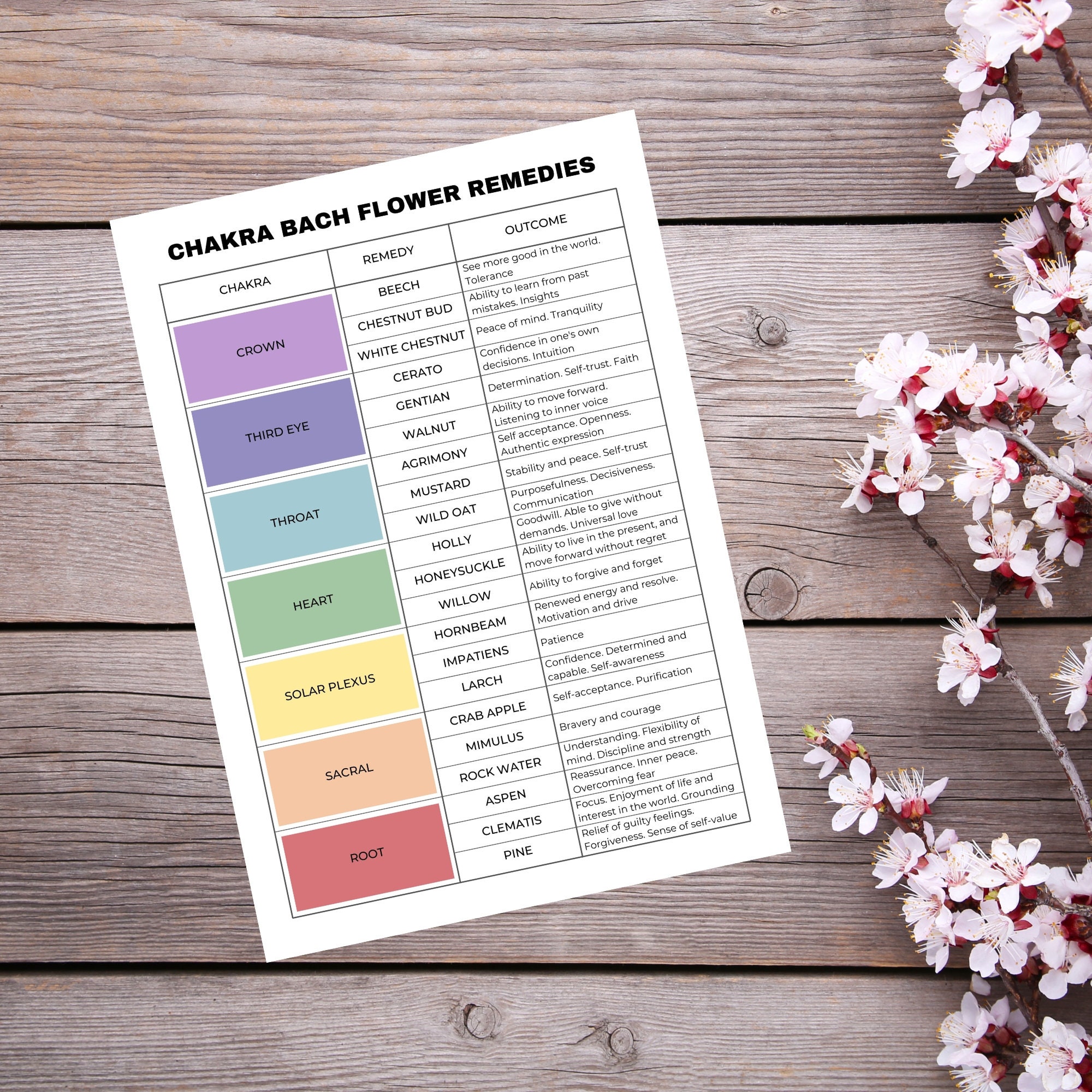 Chakra Bach Flower Remedies Chart, Digital Download, Chakra Flower ...