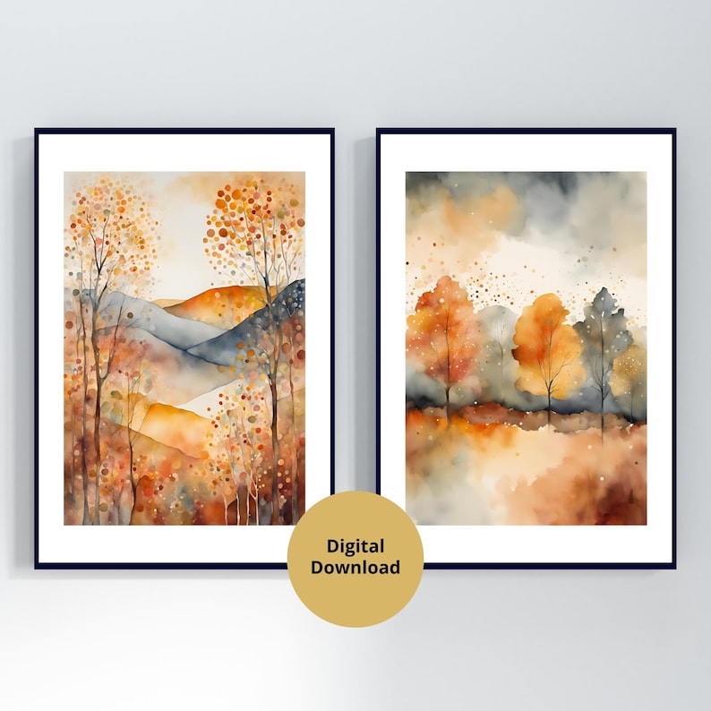 Watercolor Autumn Wall Art, Set of 2, Digital Prints, Fall Landscape ...