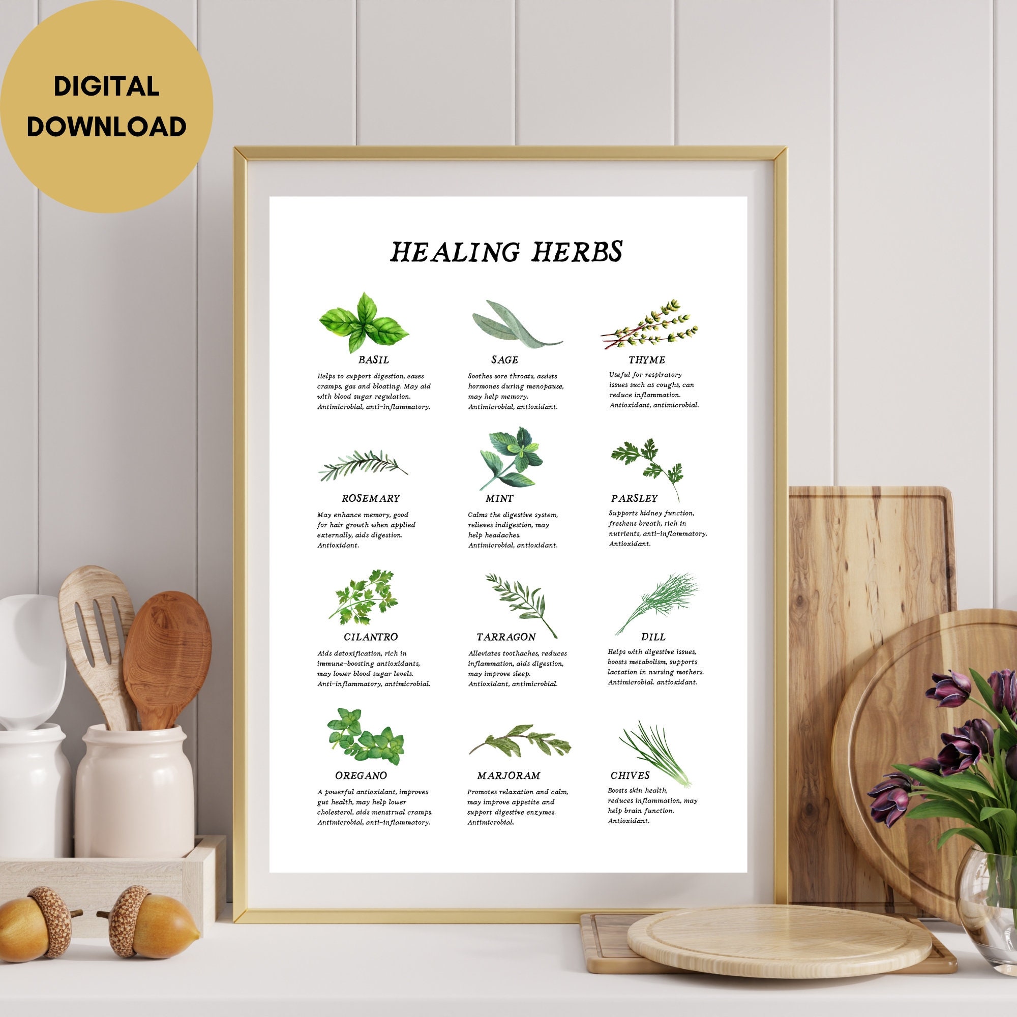 Healing Herbs Print, Digital Download, Herbs Poster, Herb Guide, Herb ...